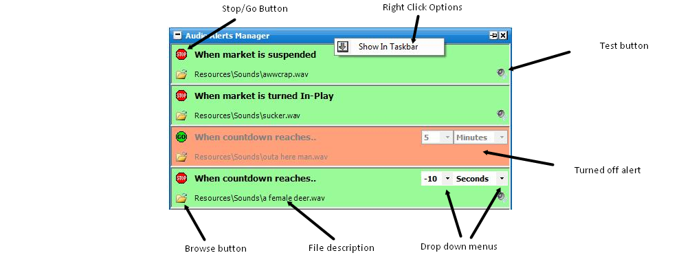 Audio Alerts Manager Window with right click options