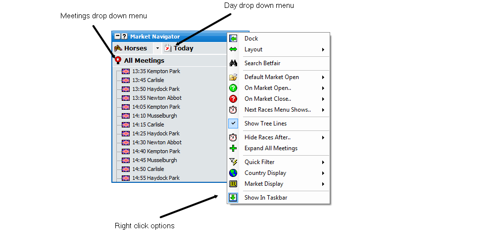 Market Navigator window floating, with Horses selected in the Quick ...