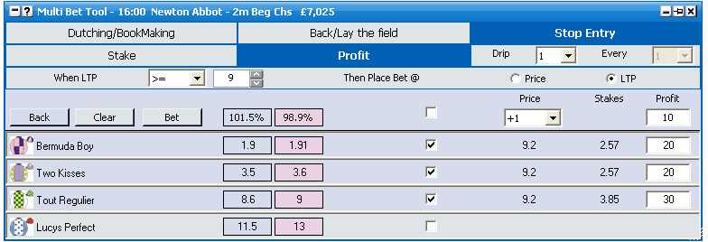 When Selection price >= 9, then place bet at LTP +1, for differing ...